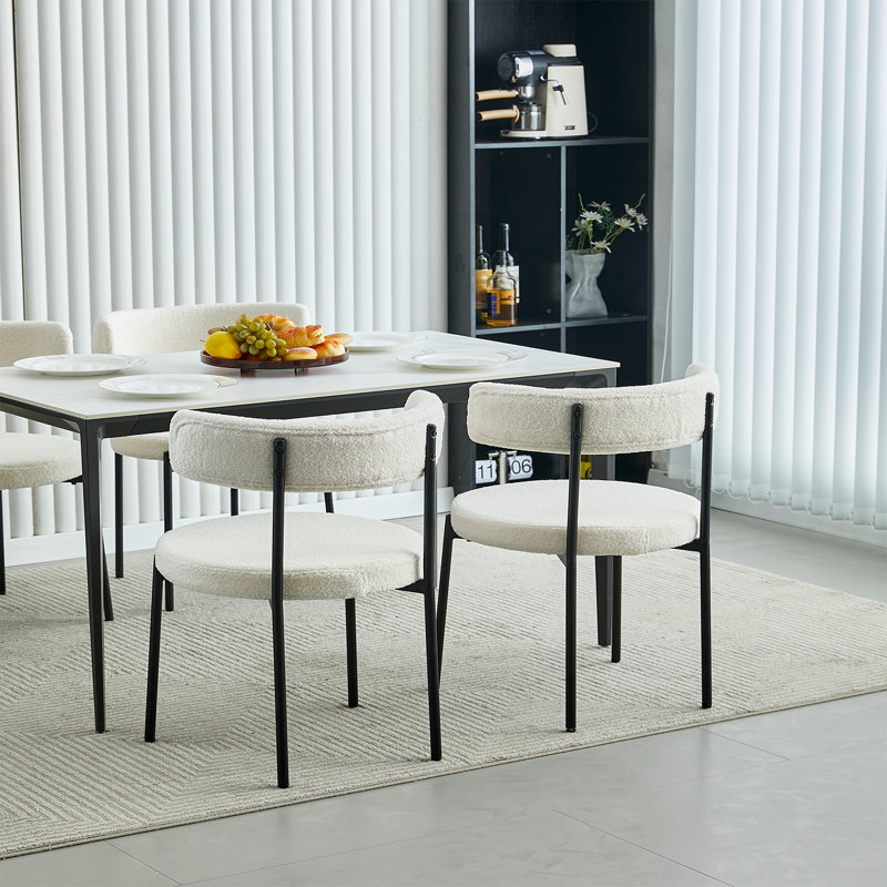Wade Logan Horfield White Dining Chairs Set Of 4 Mid century Modern Dining Chairs Kitchen Dining Room Chairs Curved Backrest Round Upholstered Boucle Dining Chair With Black Metal Legs Reviews Wayfair